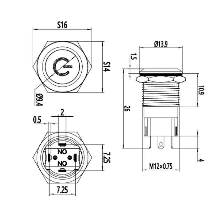 12A-P1-C 12mm Düz Yaylı Işıklı Power Metal Buton - Mavi 12mm Metal ...