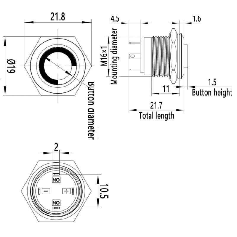 16H-G1-E 16mm Bulge Momentary Illuminated Metal Button - Green ...