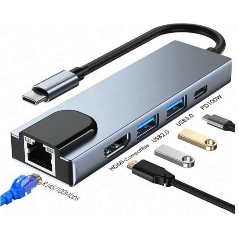 Type-C Hub 5in1 2 Port USB 3.0 + 100Mpbs Ethernet + HDMI + Type-C ...